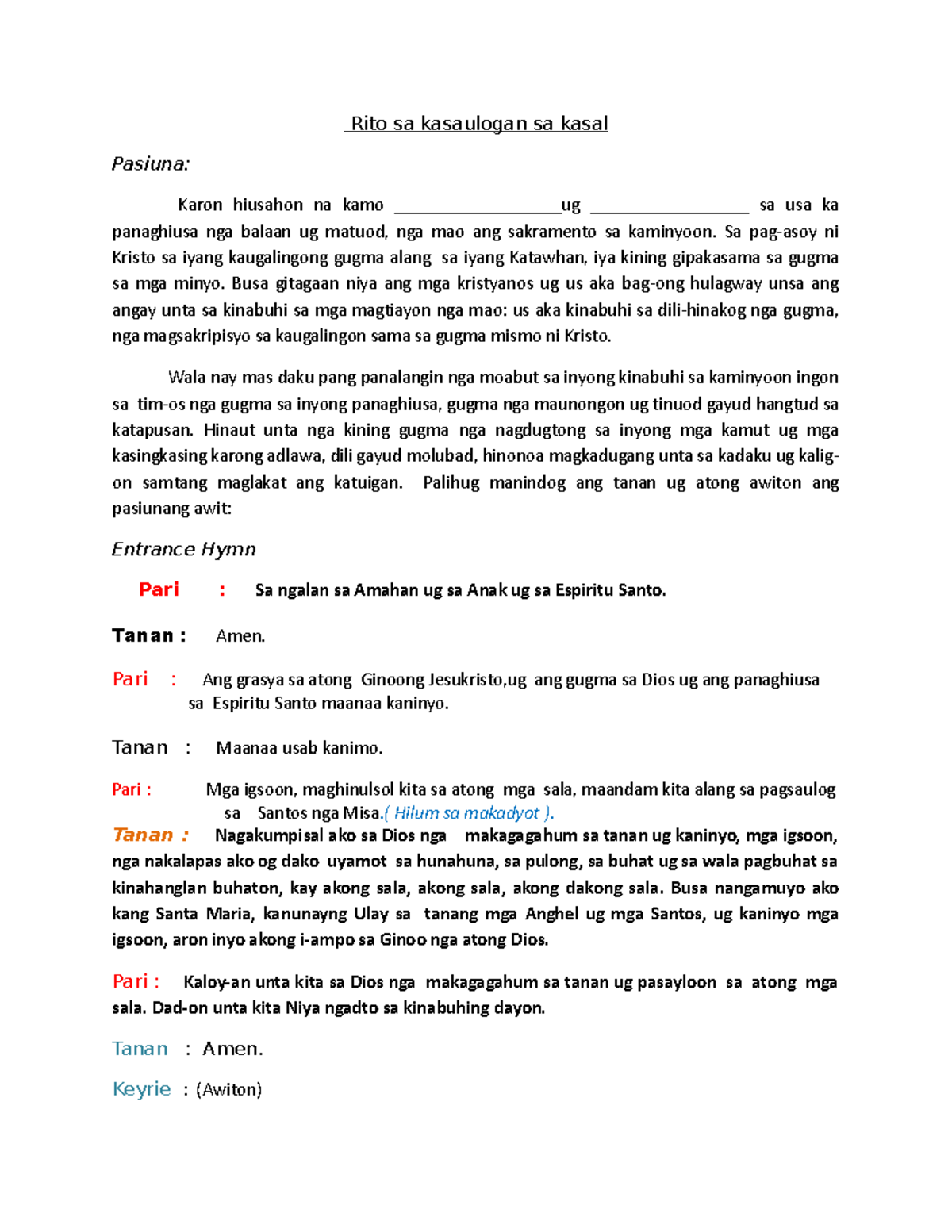 Wedding Liturgy Script in Bisaya - NW - Studocu