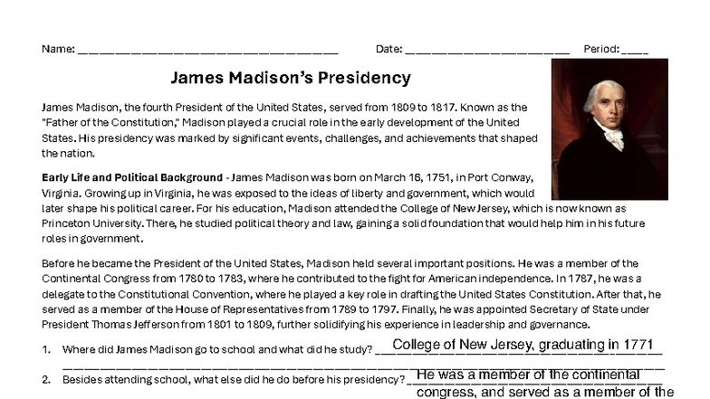 James Madison's Presidency: Guided Reading Worksheet (HIST 101) - Studocu