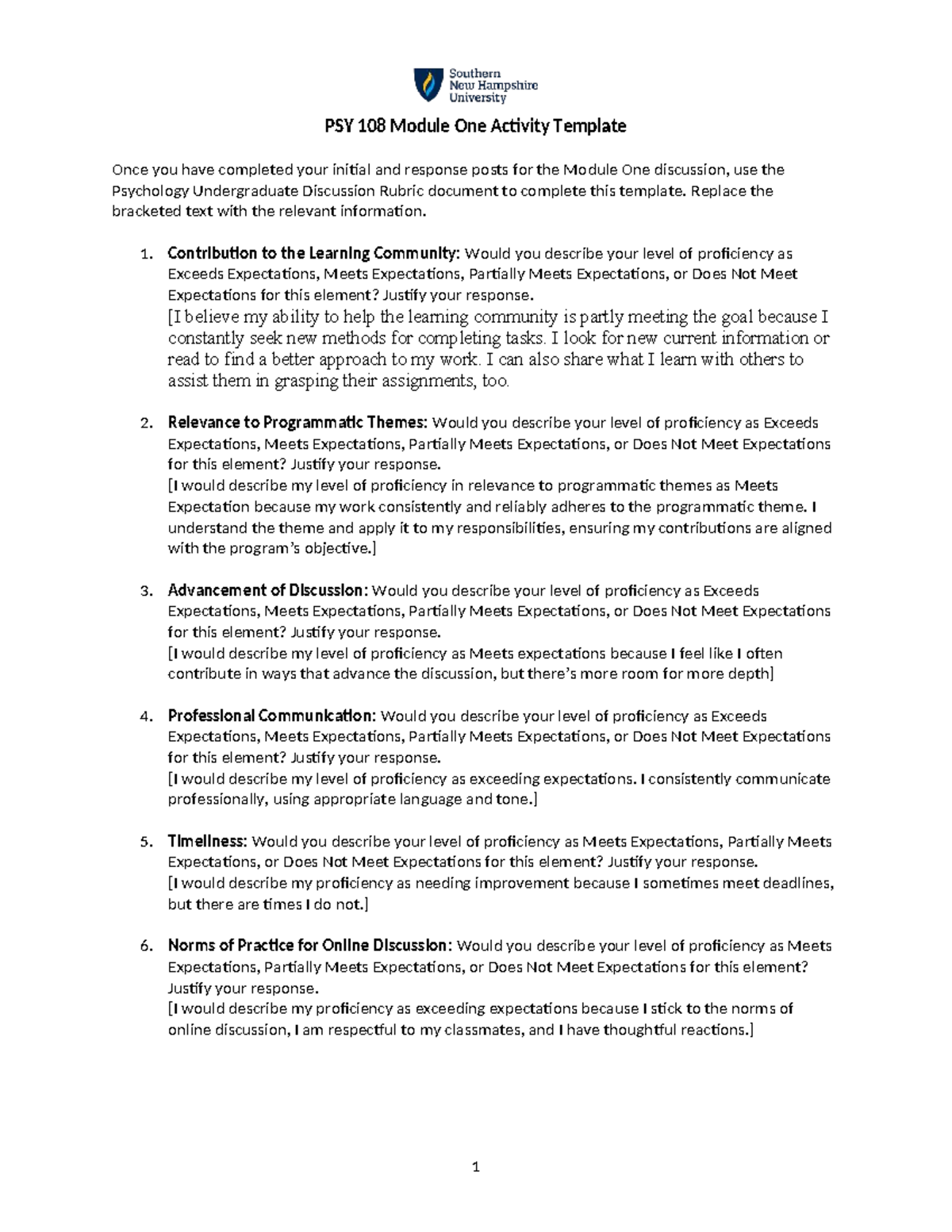 PSY 108 Self-Assessment for Module One Discussion Activity - Studocu