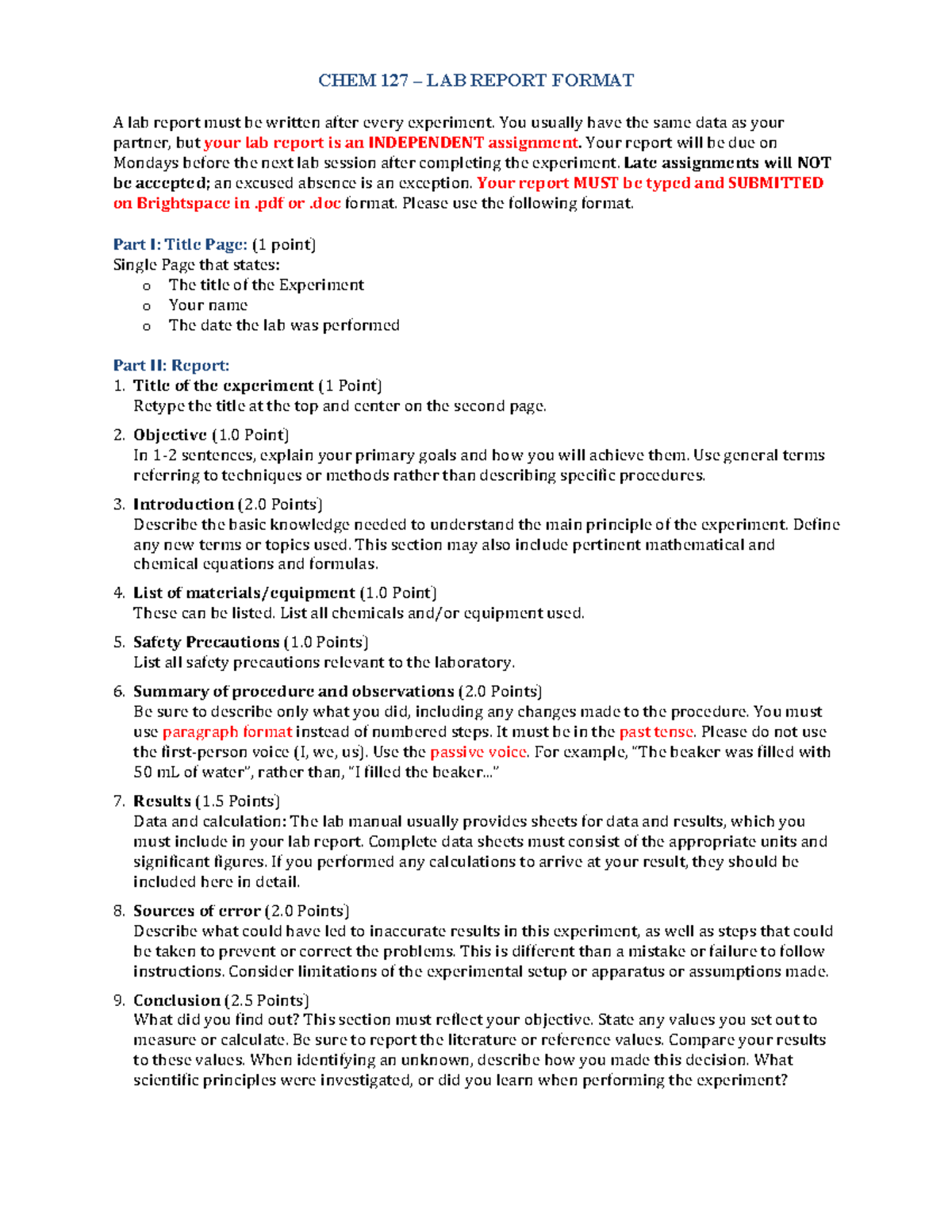 CHEM 127 Lab Report Format Guidelines for Experiments - Studocu