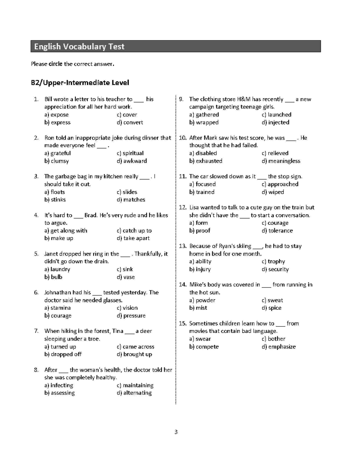 English Vocabulary Test - B2/Upper-Intermediate Level - Studocu