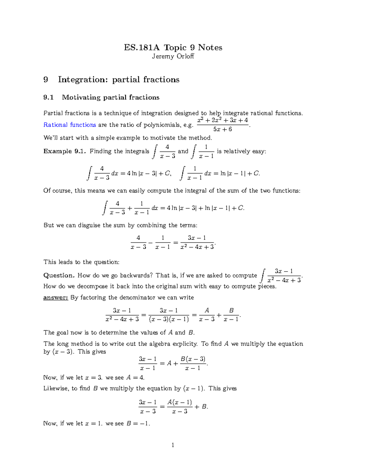 ES.181A Topic 9: Integration Techniques - Partial Fractions Notes - Studocu