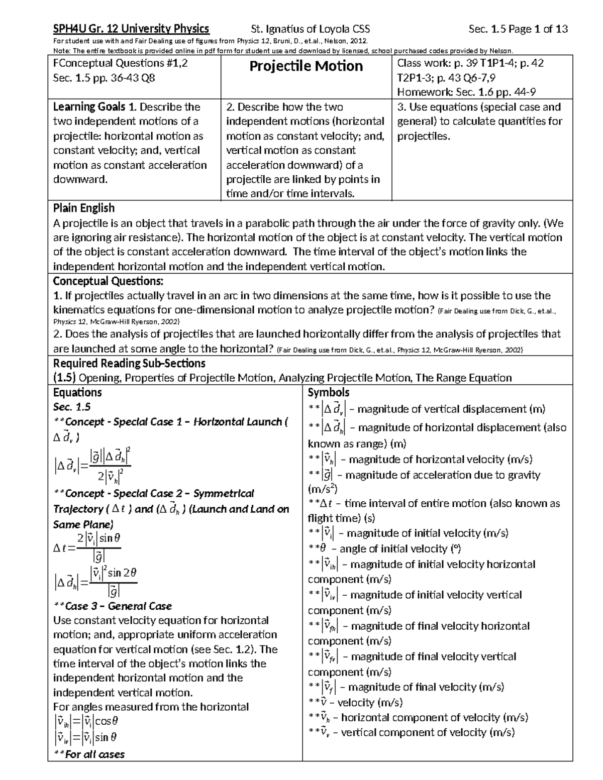U1D6-01 SPH4U Projectile Motion: Concepts, Equations, and Applications ...