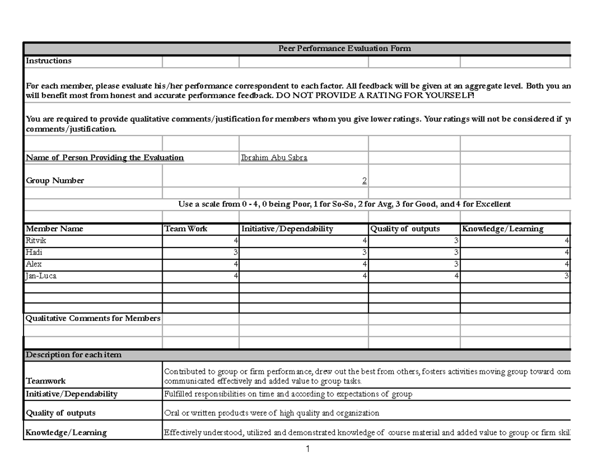 Peer Evaluation Form - Peer Performance Evaluation Form Instructions ...