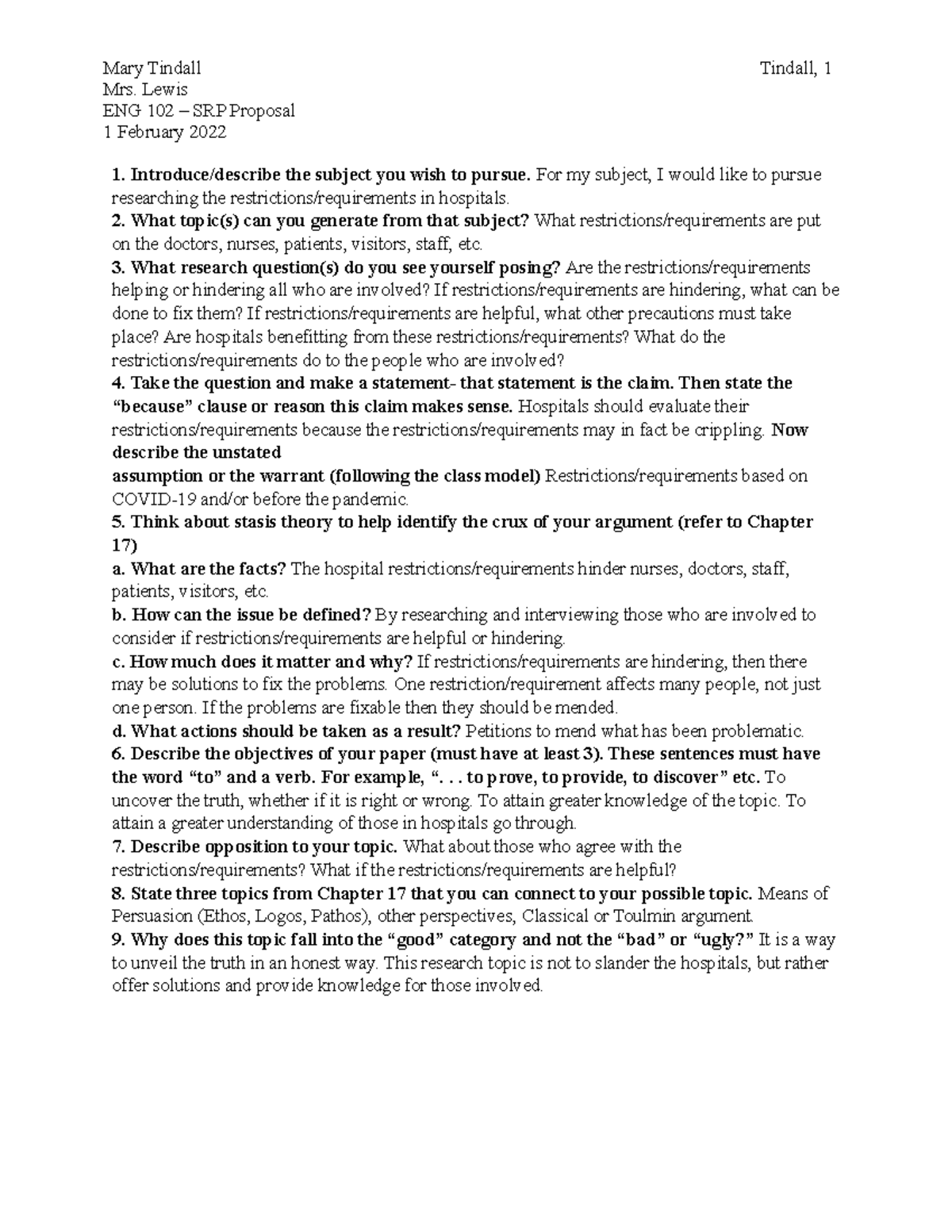 ENG 102 - SRP Proposal: Analyzing Hospital Restrictions & Requirements ...