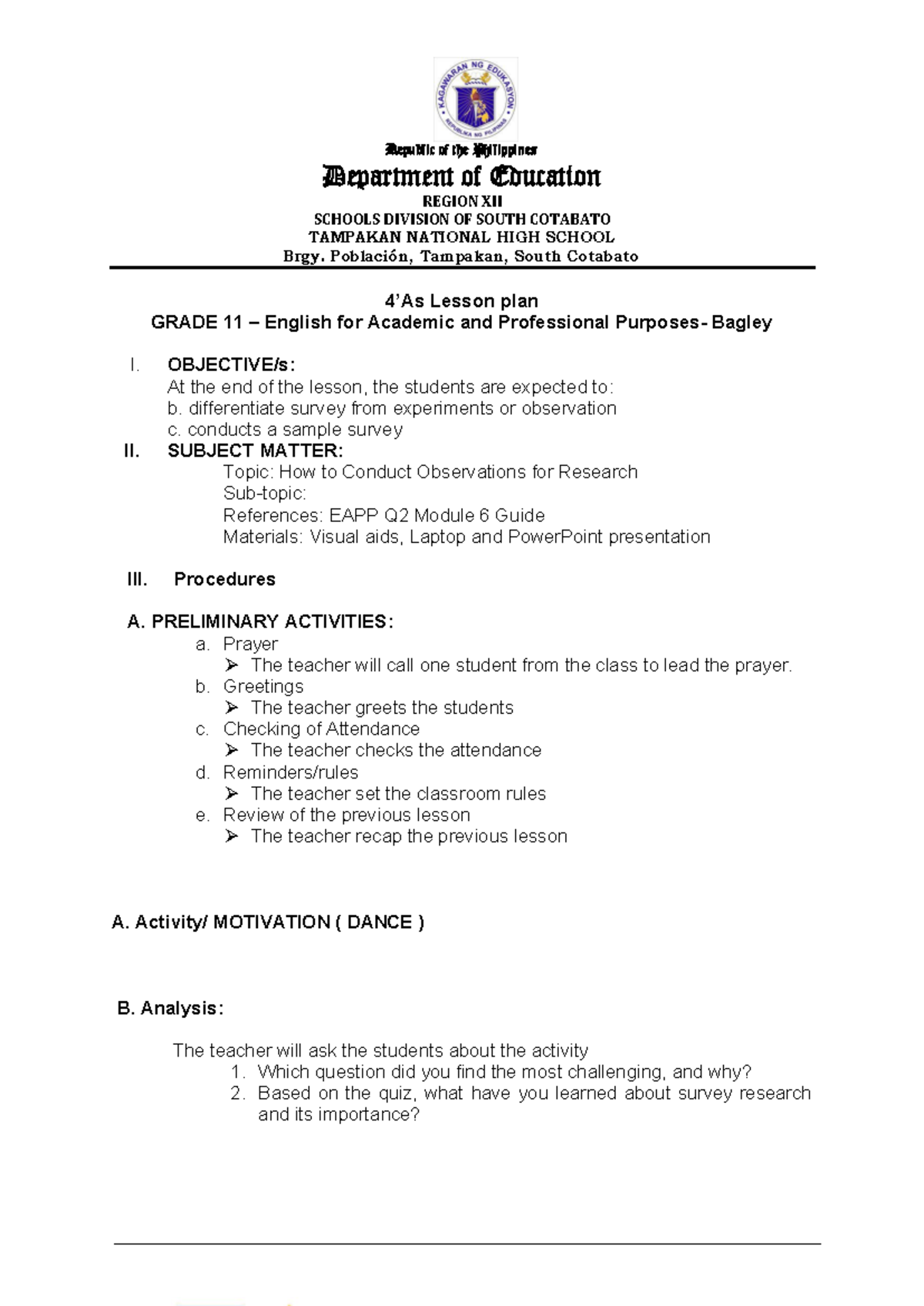 EAPP GRADE 11 Q2 MOD6 Lesson Plan: Conducting Surveys & Observations ...