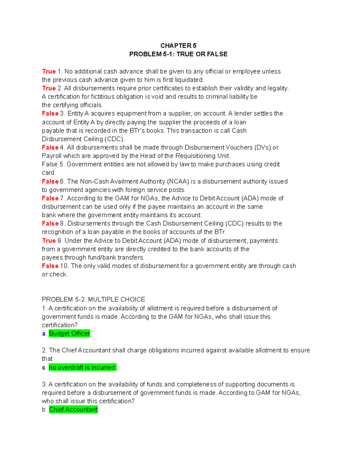 Gov. Acc Chapter 5: True/False & Multiple Choice Problems - Studocu