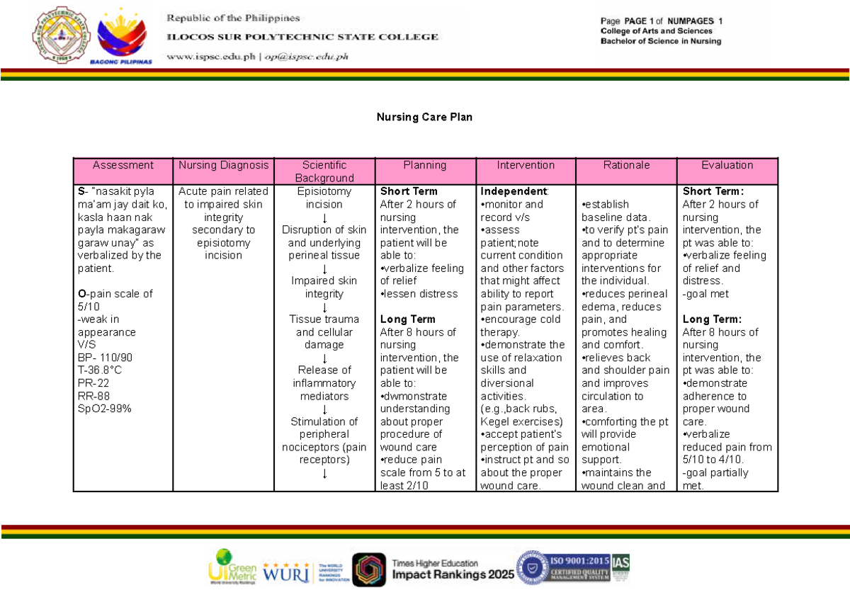 NCP-FDAR: Nursing Care Plan for Acute Pain Management Post-Episiotomy ...