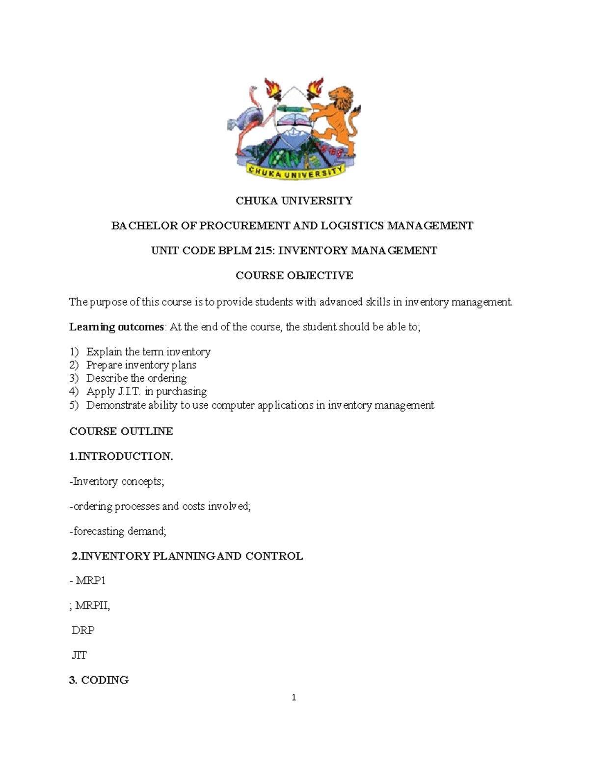 BPLM 215: Inventory Management - Topic 1 Overview and Objectives - Studocu