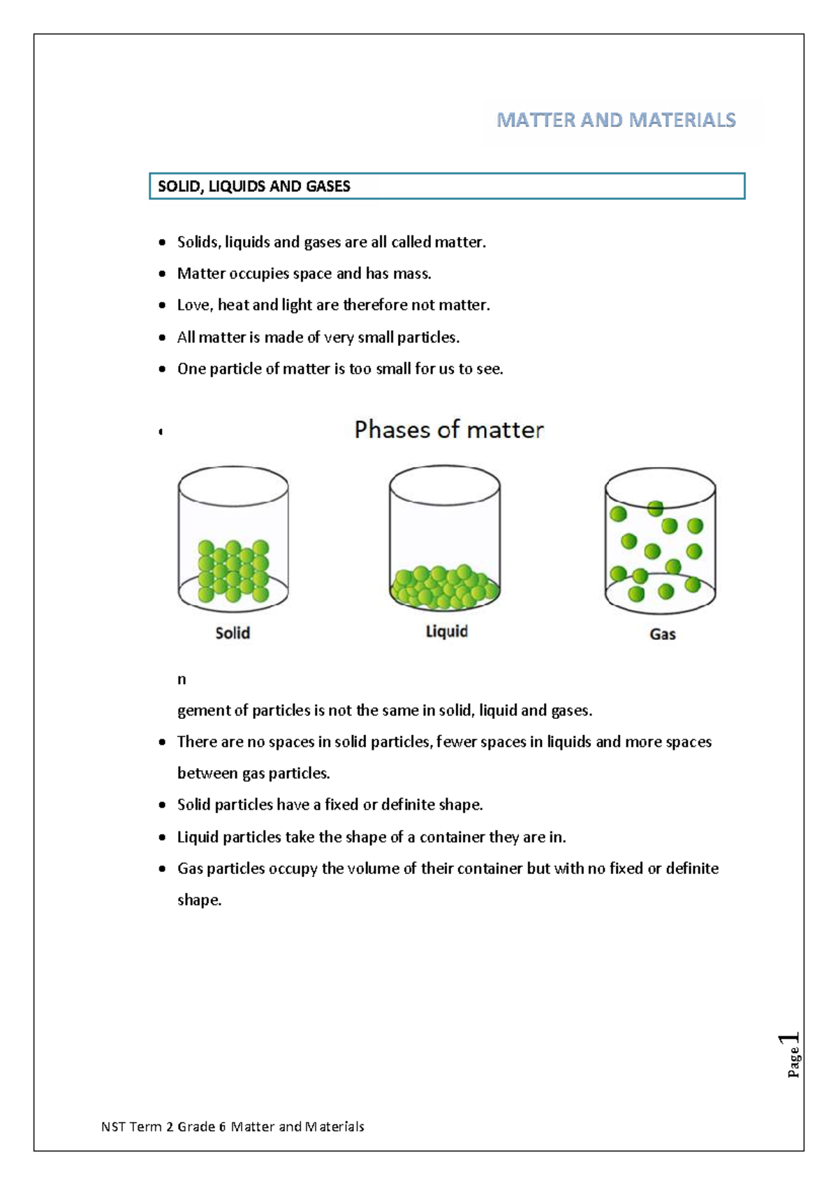 NST Term 2 Grade 6: Matter and Materials Overview and Activities - Studocu