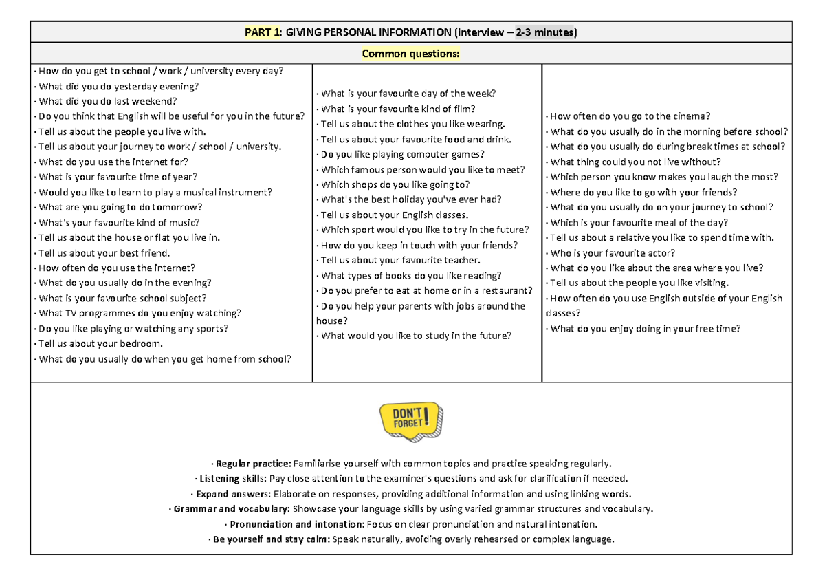 B1 PET Speaking Practice: Personal Information & Picture Description ...