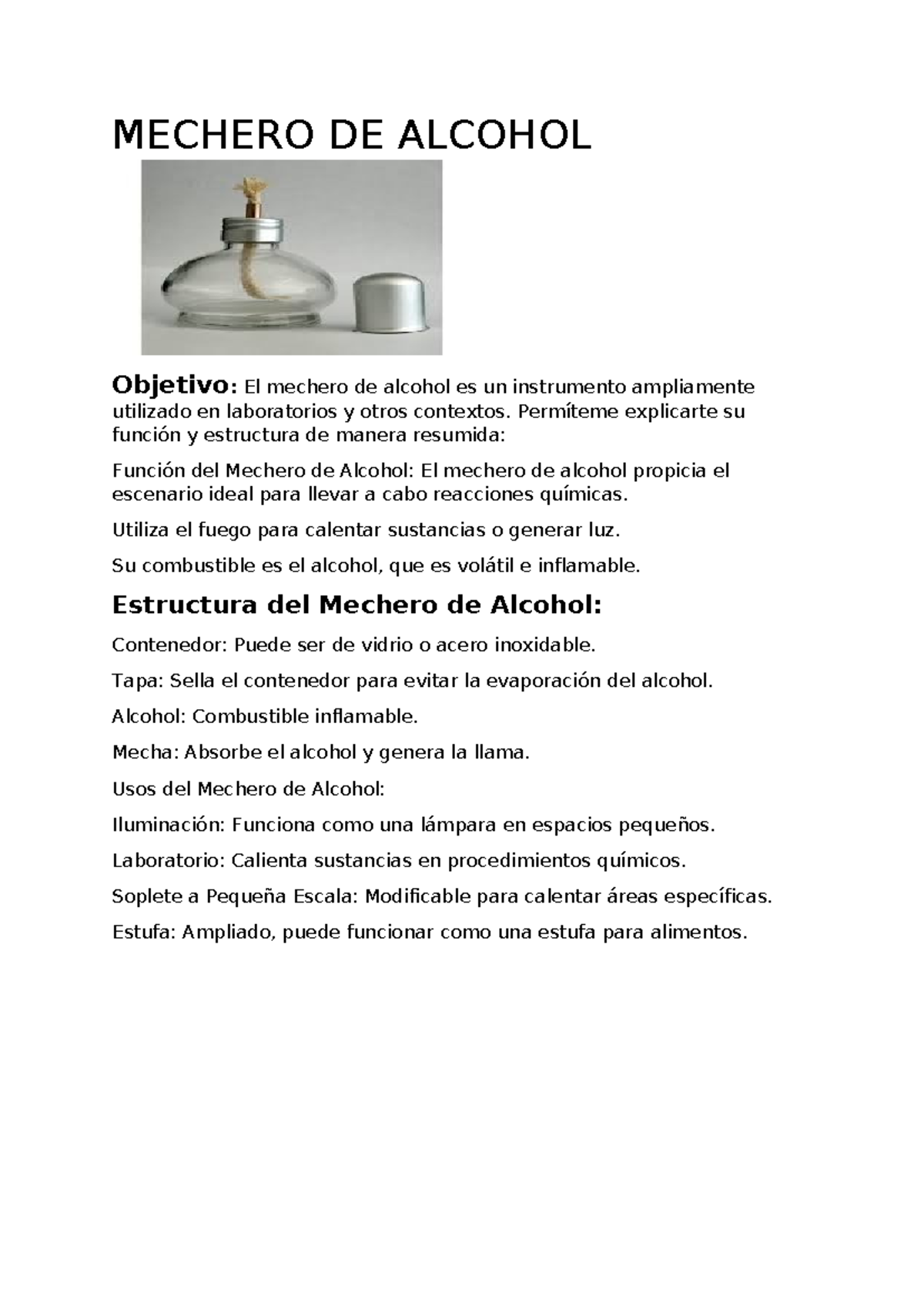 Uso y Estructura del Mechero de Alcohol en Laboratorios - Studocu