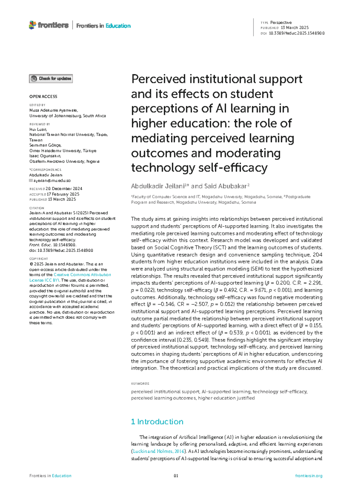 Perceived Institutional Support and AI Learning Outcomes in Higher Ed ...