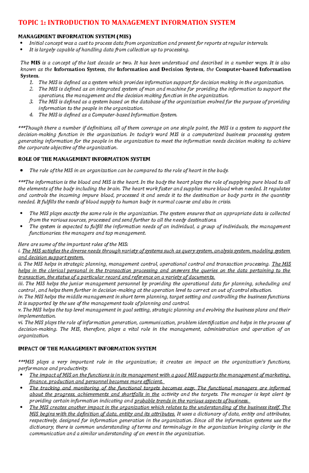 MIS 101: Introduction to Management Information System Overview - Studocu