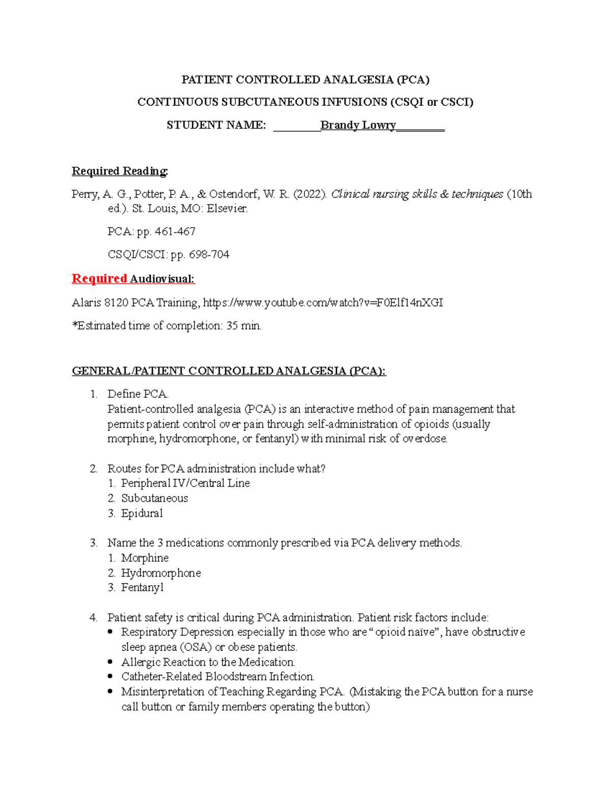 2 Pre-work - 10th PCA - CSQI - PATIENT CONTROLLED ANALGESIA (PCA ...