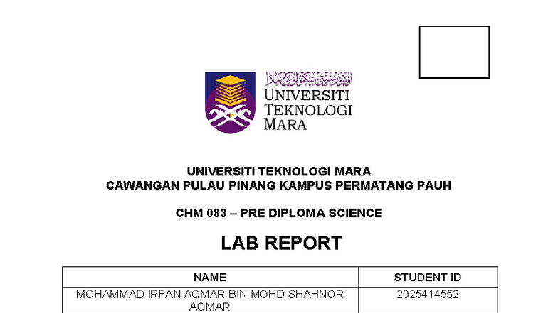 LAB Report: Determining Empirical Formula of MgO - CHM 083 - Studocu