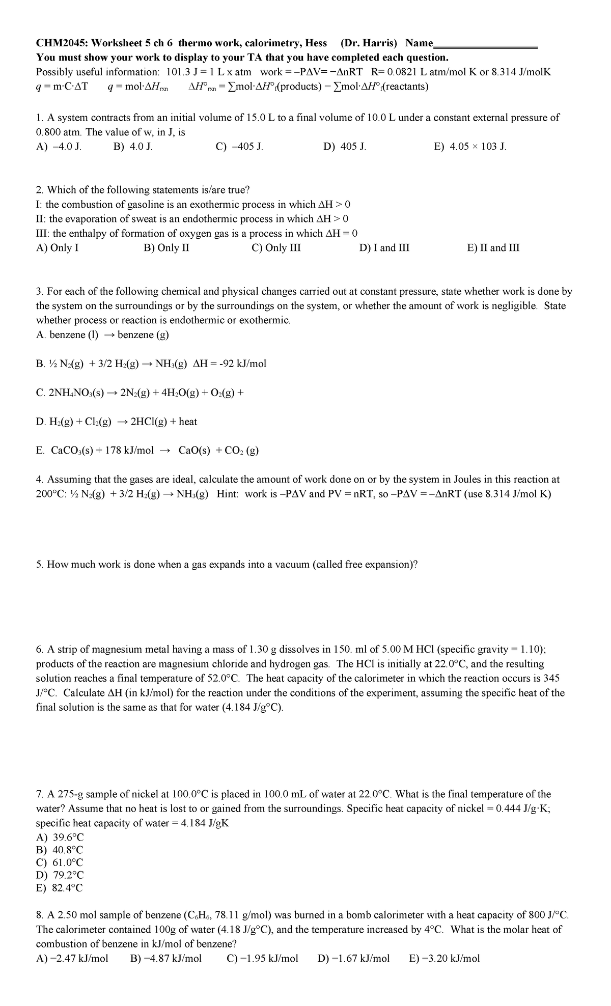 CHM2045: Thermodynamics Worksheet 5 on Work, Calorimetry & Hess's Law ...