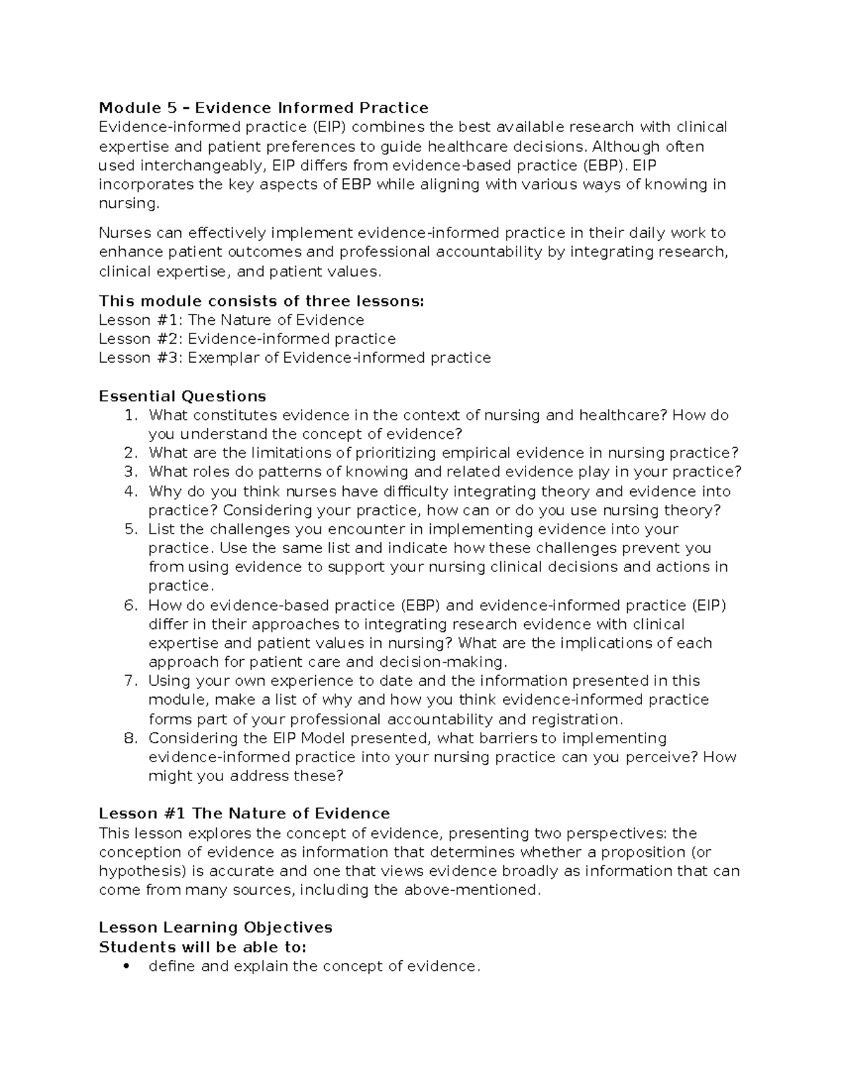 Module 5: Exploring Evidence-Informed Practice in Nursing (NURS 3216 ...