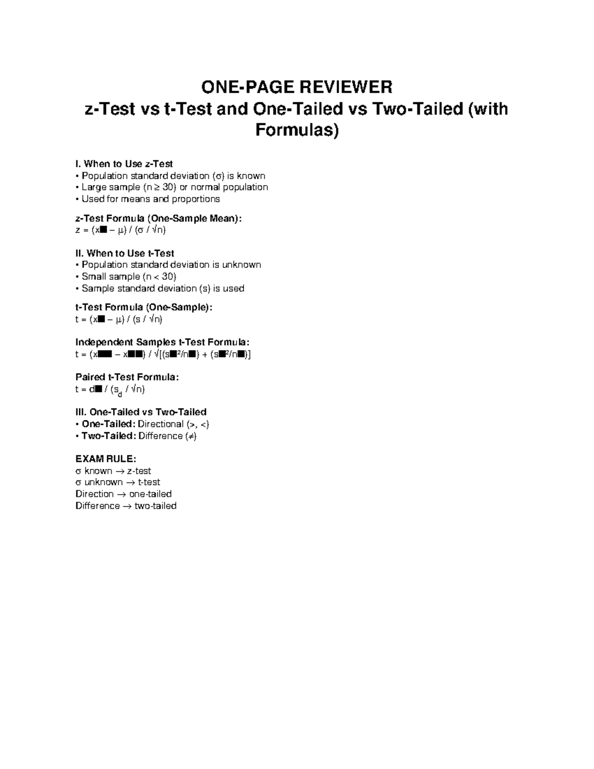 Z t test reviewer with formulas - ONE-PAGE REVIEWER z-Test vs t-Test ...