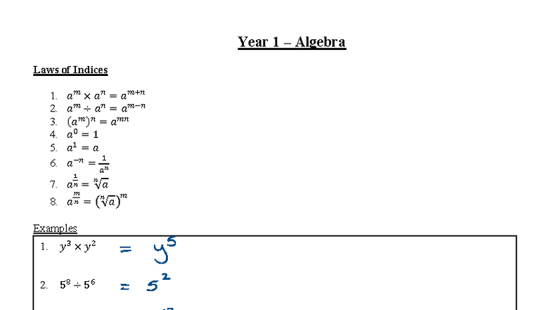 Year 1 Algebra: Laws of Indices & Factorising Quadratics - Studocu