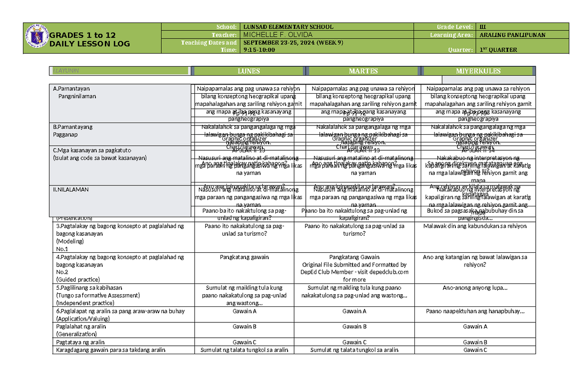 WEEK 9 AP SEPT23 25 - DLL - GRADES 1 to 12 DAILY LESSON LOG School ...