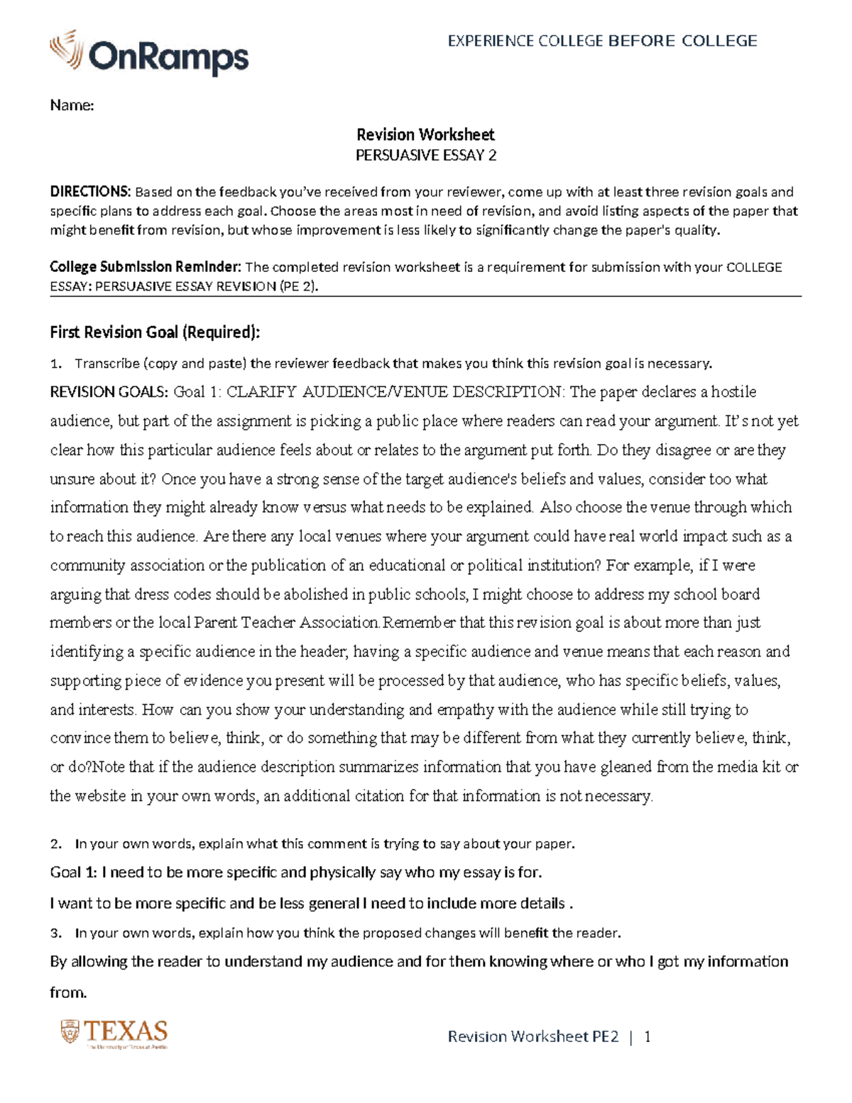 PE 2 Persuasive Essay Revision Goals Worksheet - Studocu