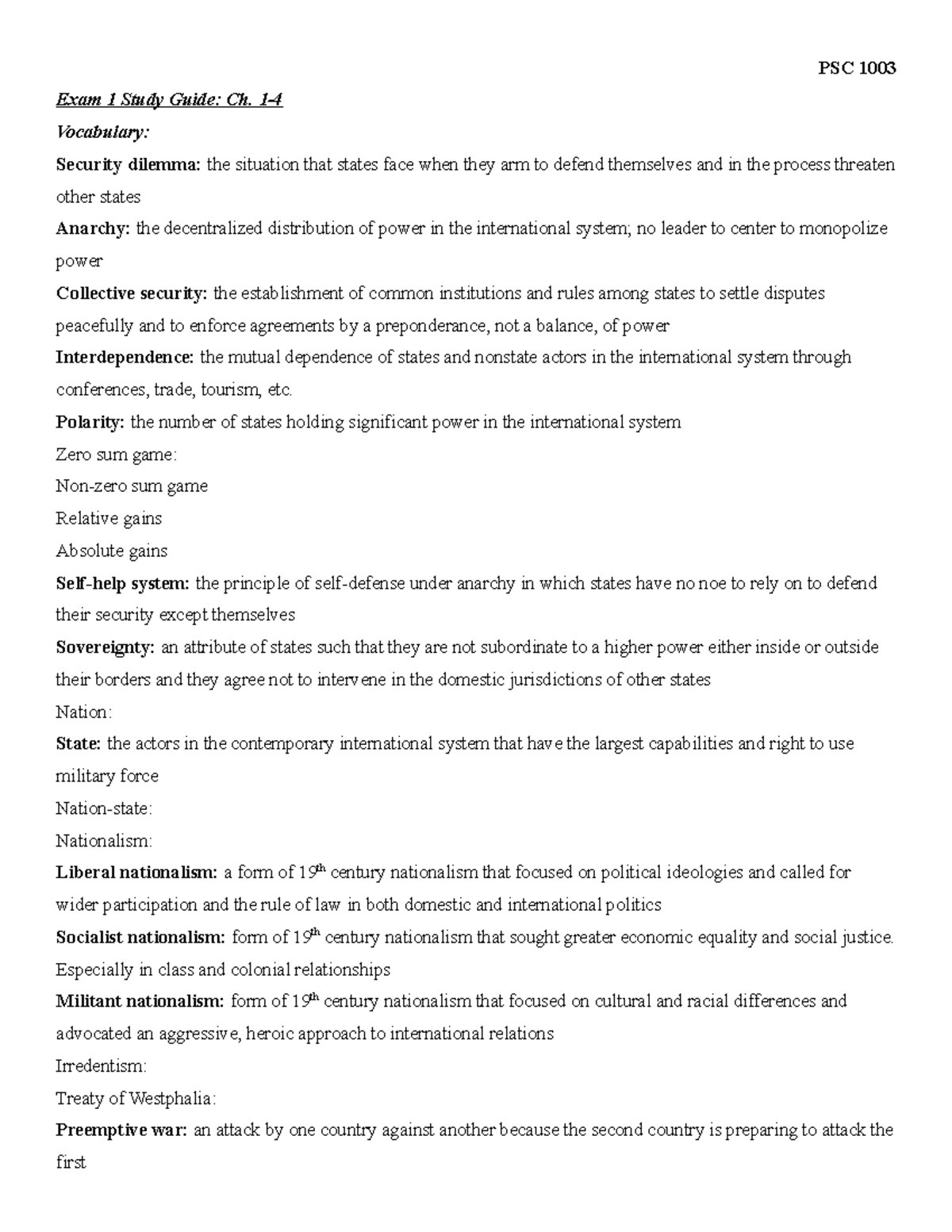 Exam 1 Study Guide - PSC 1003 Exam 1 Study Guide: Ch. 1- Vocabulary ...