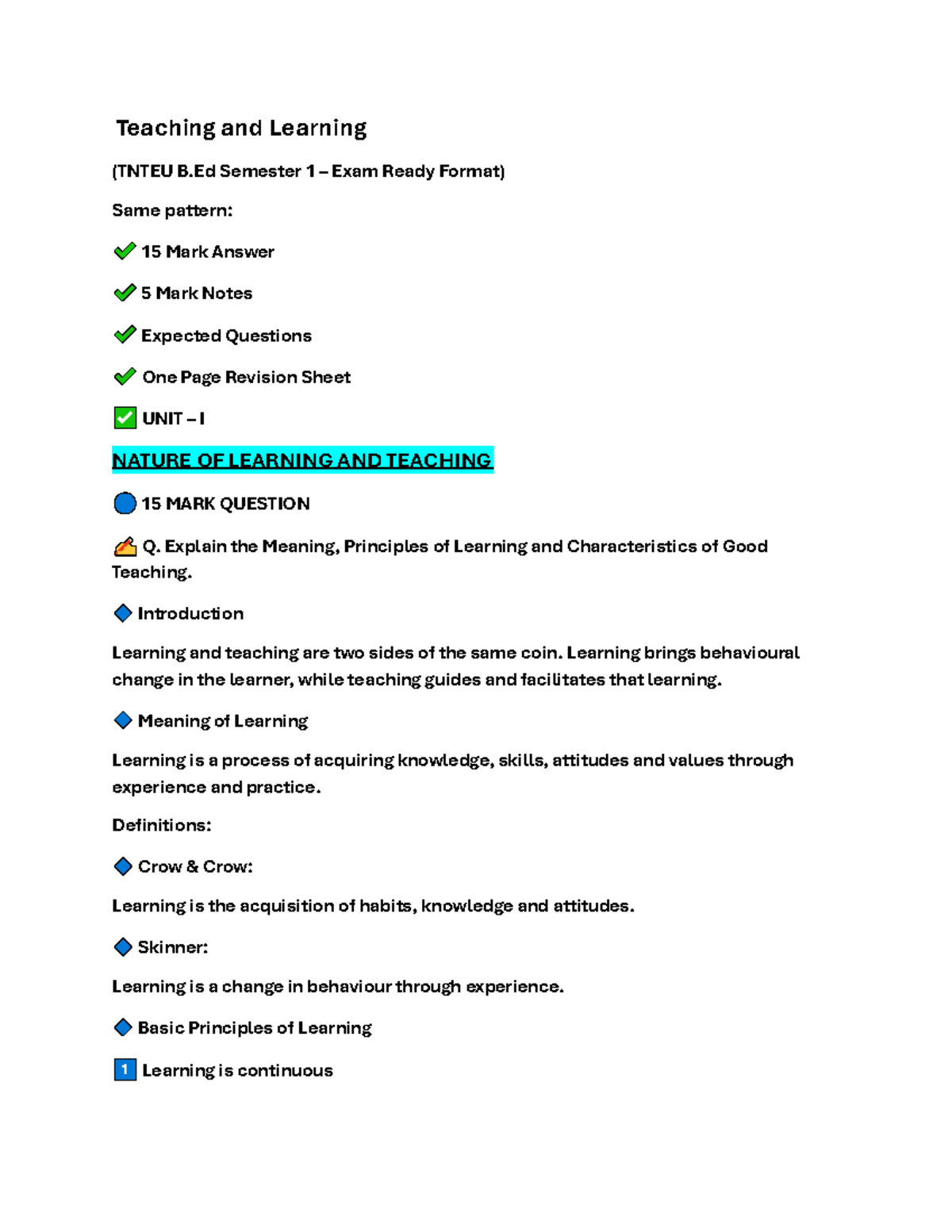 Teaching and Learning Notes (TNTEU B.Ed Sem 1 Exam Prep) - Studocu