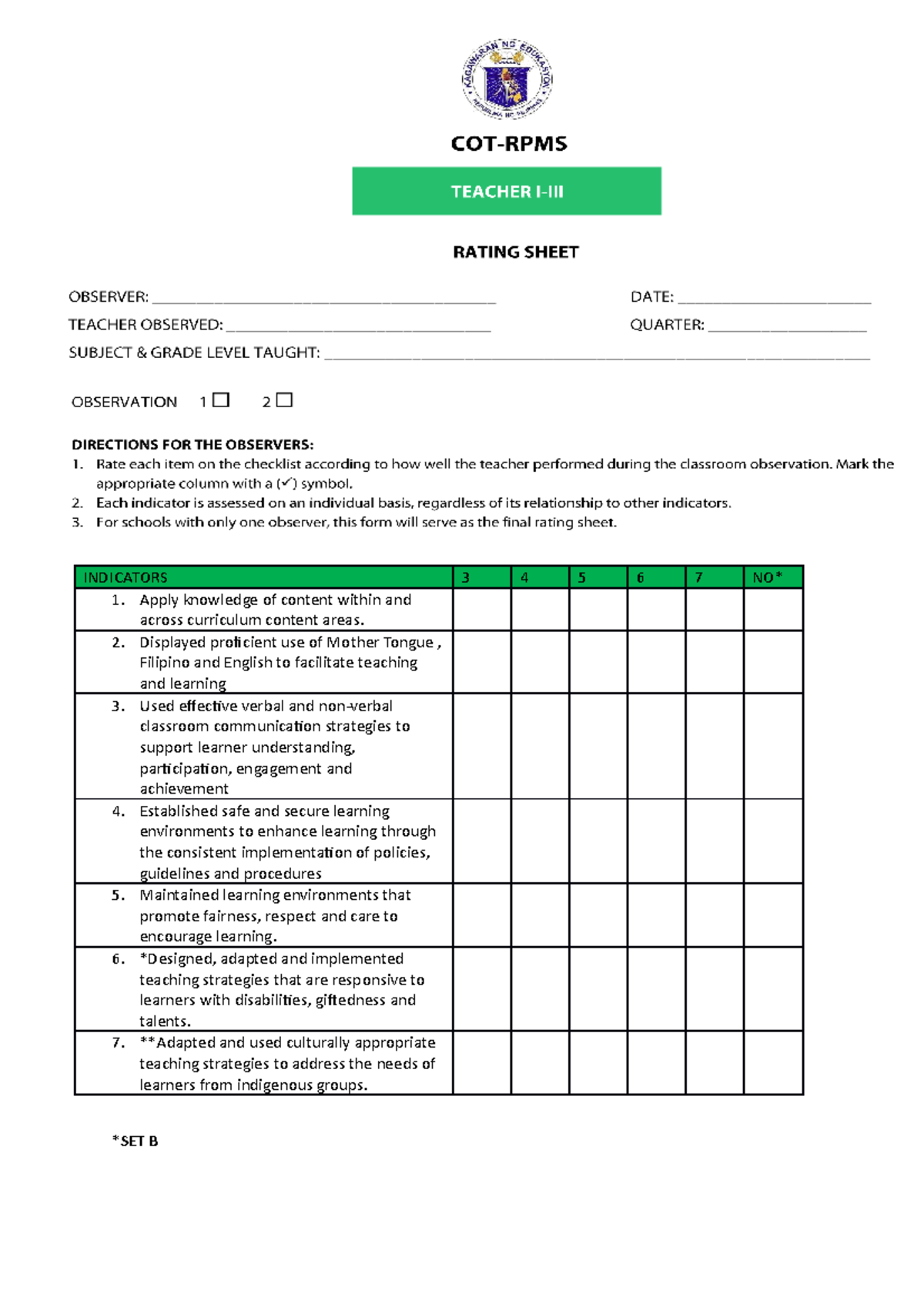 COT Rating Sheet for Proficient Teachers 2021 2022 - INDICATORS 3 4 5 6 ...