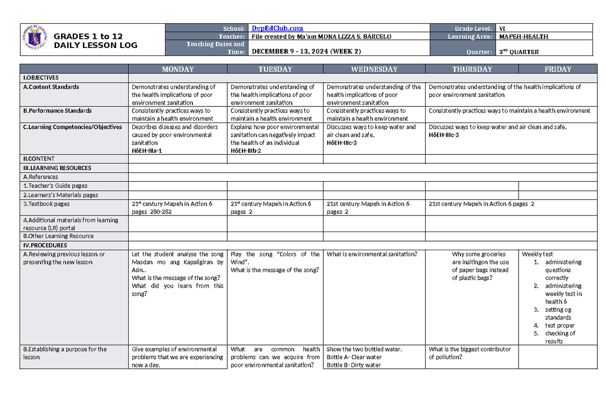 DLL MAPEH-HEALTH 6 Q3 WEEK 2 DAILY LESSON LOG - Studocu