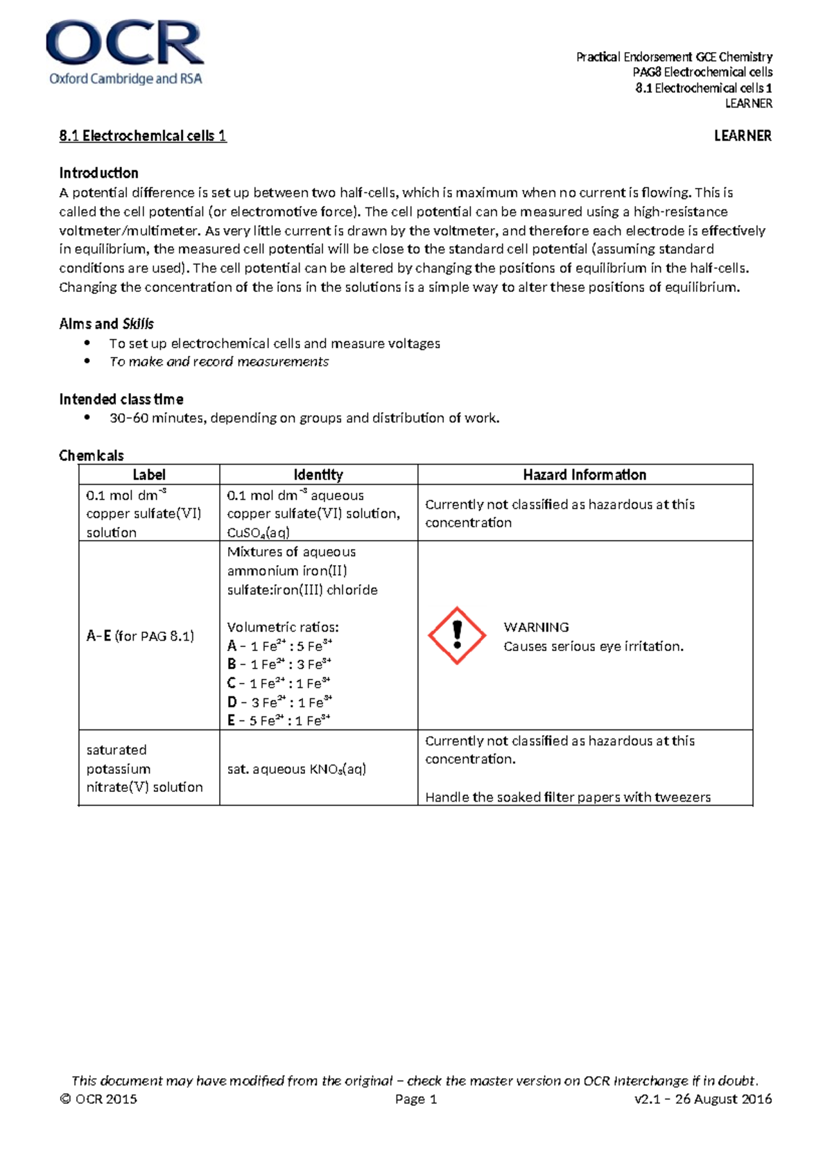 PAG 8.1 Electrochemical Cells Practical Guide for Learners - Studocu