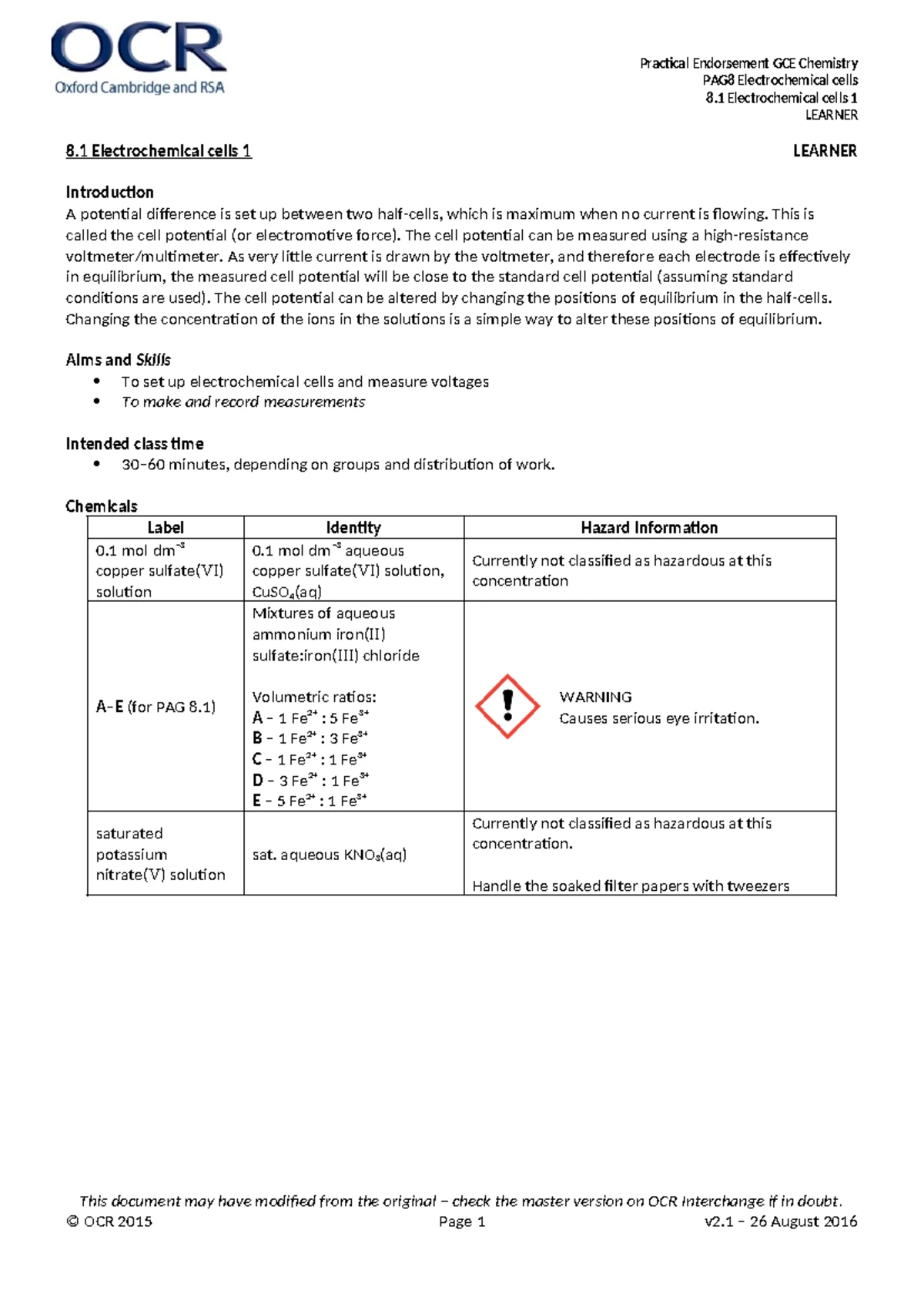 A Level Chemistry PAGs Extension opportunity answers - OCR A - PAG 1 ...