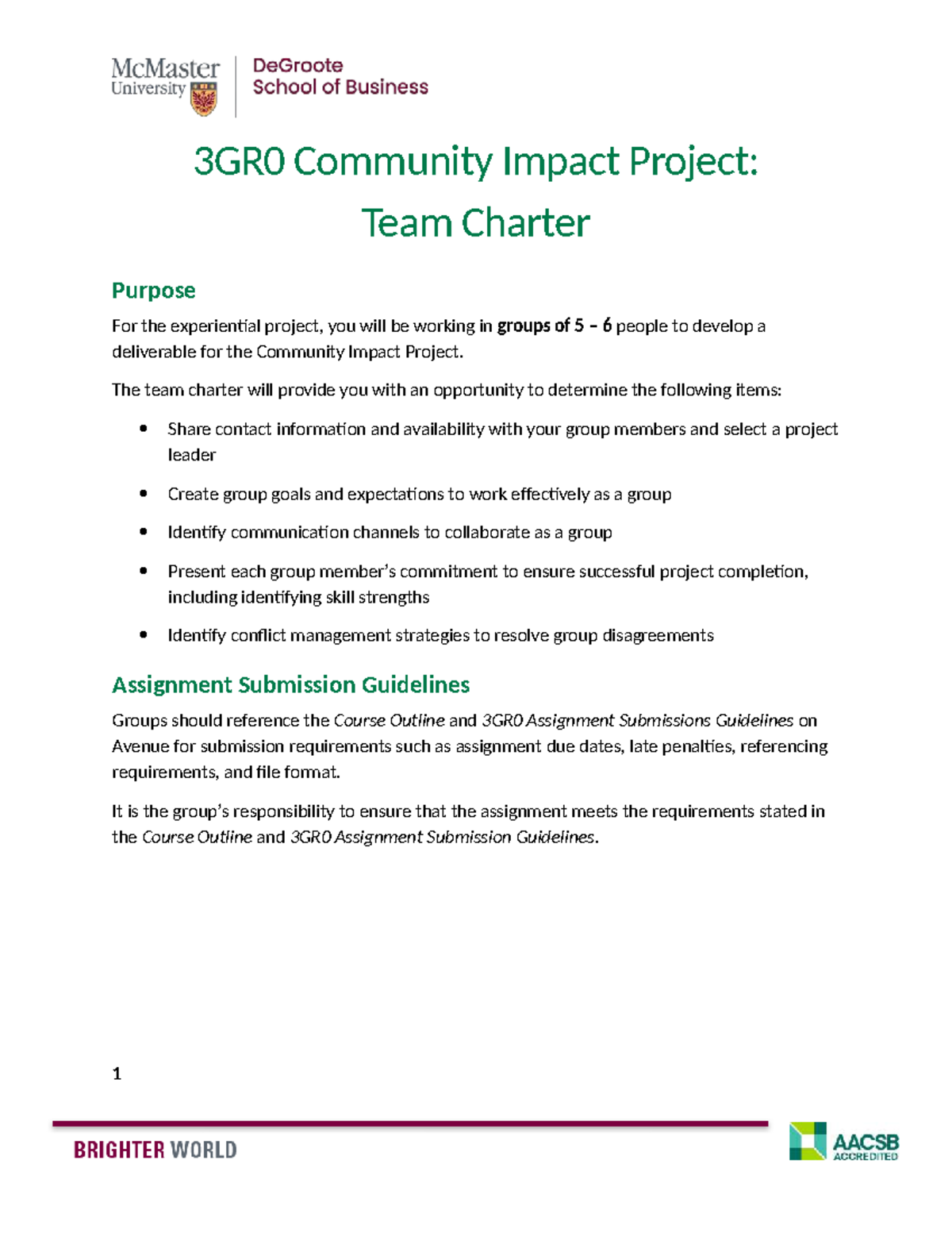 3GR0 Community Impact Project: Team Charter Guidelines and Goals - Studocu