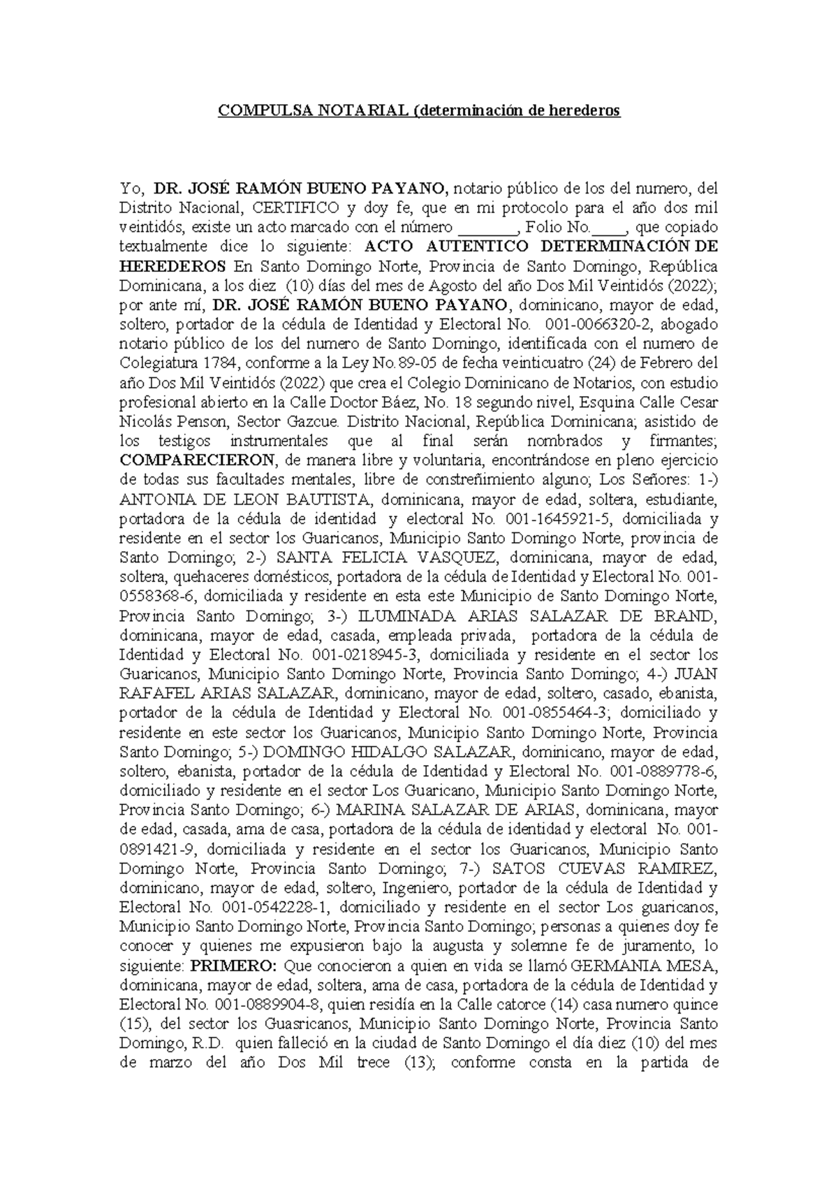 Compulsa Notarial: Determinación de Herederos para Germania Mesa - Studocu