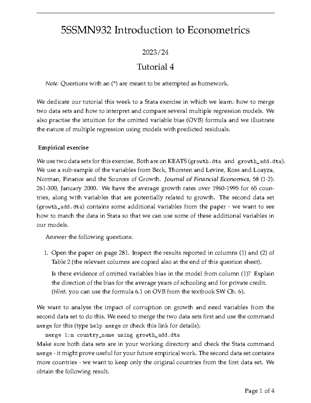 5ssmn932 tutorial 4 - 5SSMN932 Introduction to Econometrics 2023/ Tutorial 4 Note: Questions ...