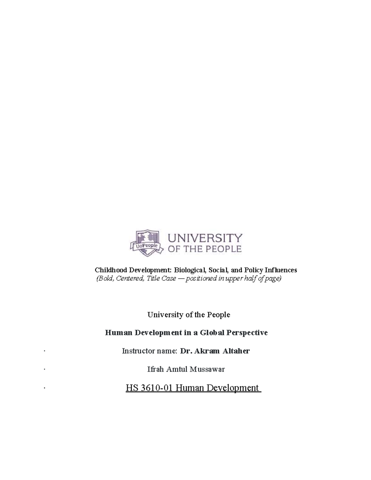 Childhood Development Learning Journal Unit 3 (HS 3610) - Studocu