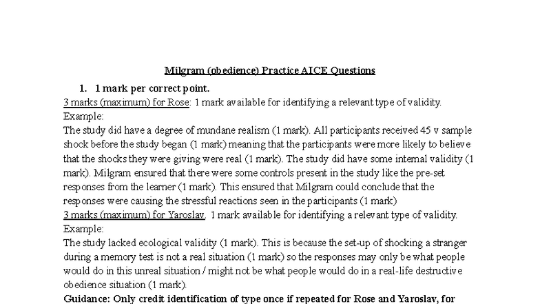 Milgram Obedience AICE Practice Questions & Answers Overview - Studocu