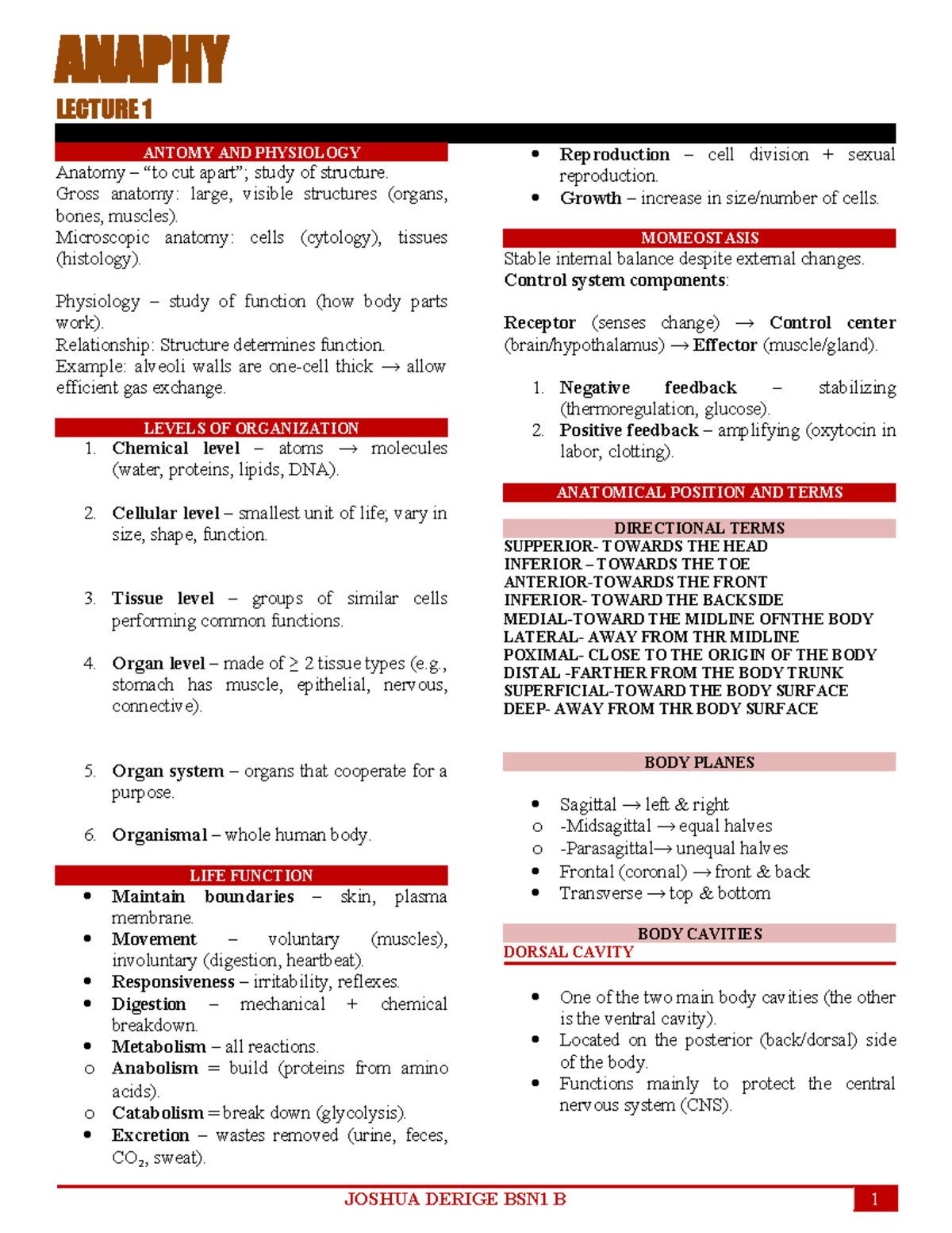 ANAPHY LECTURE 1: ANATOMY AND PHYSIOLOGY REVIEWER - Studocu