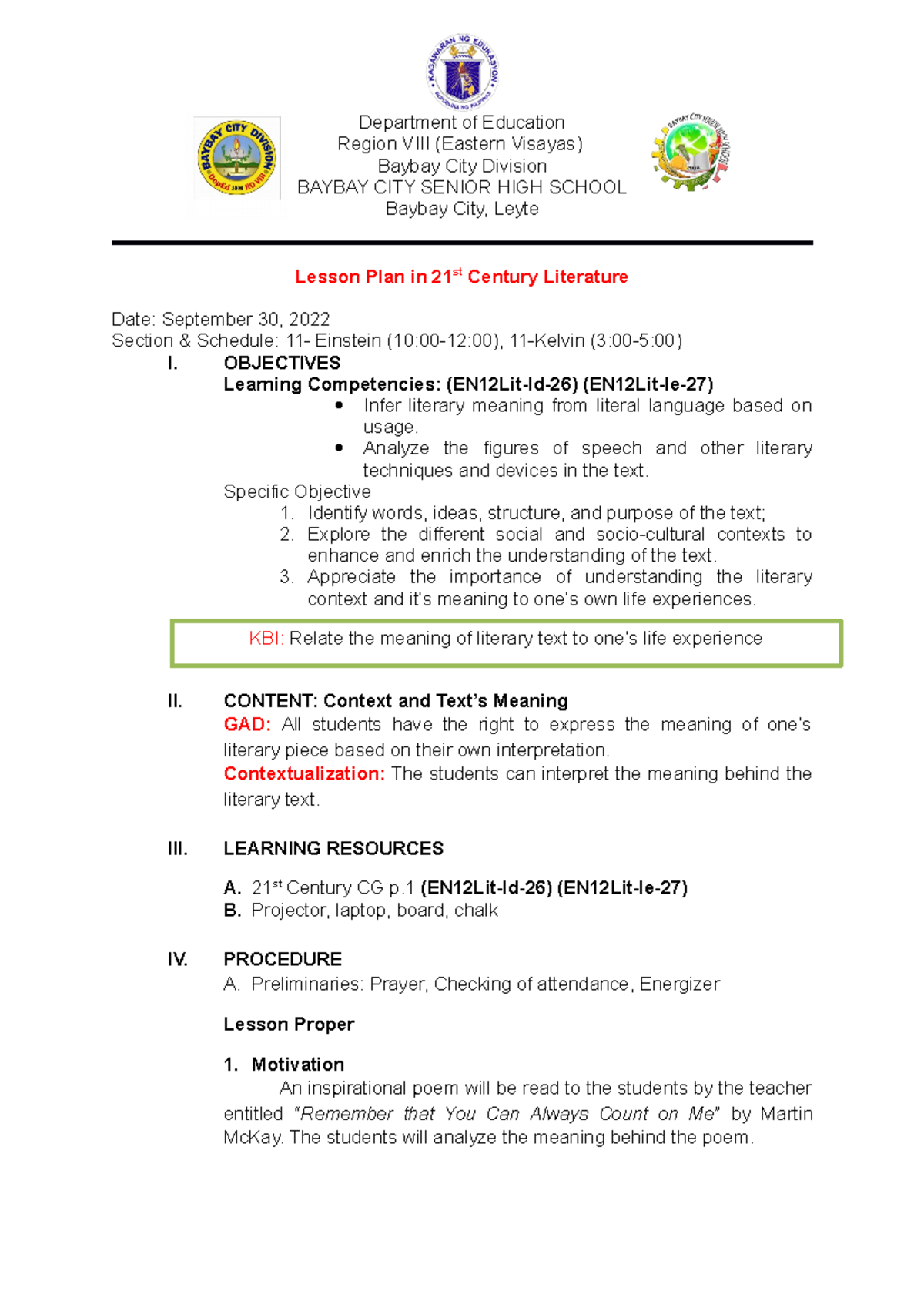 Figure of speech - Lesson Plan - Department of Education Region VIII ...