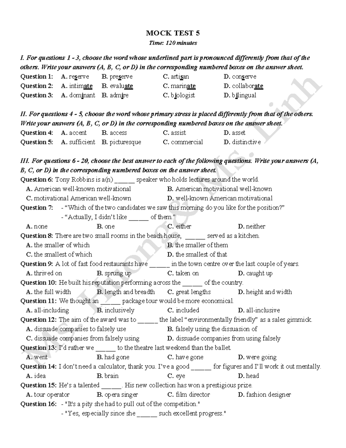 Mock Test 5: Pronunciation, Stress, and Vocabulary Practice - Studocu