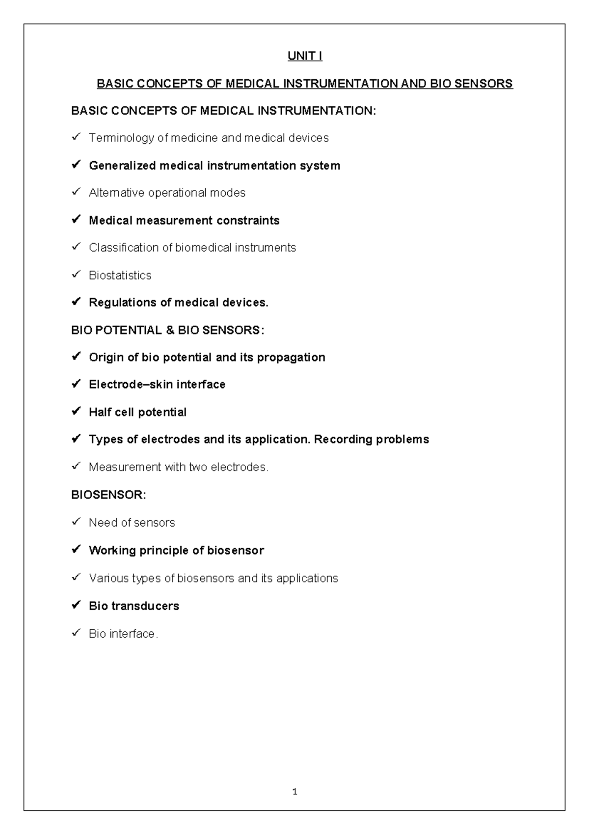 MI UNIT I: Basic Concepts of Medical Instrumentation & Biosensors Notes ...