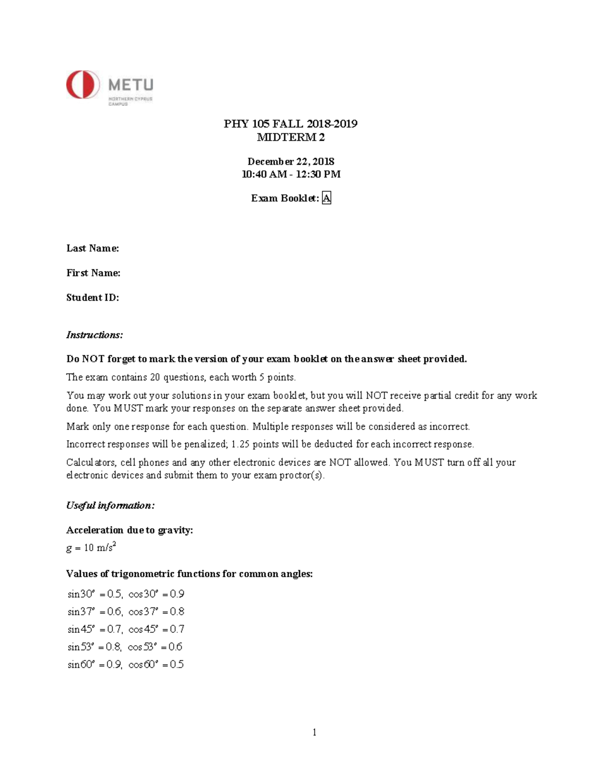 PHY 105 FALL MIDTERM 2 VERSION A - Exam Booklet - Studocu