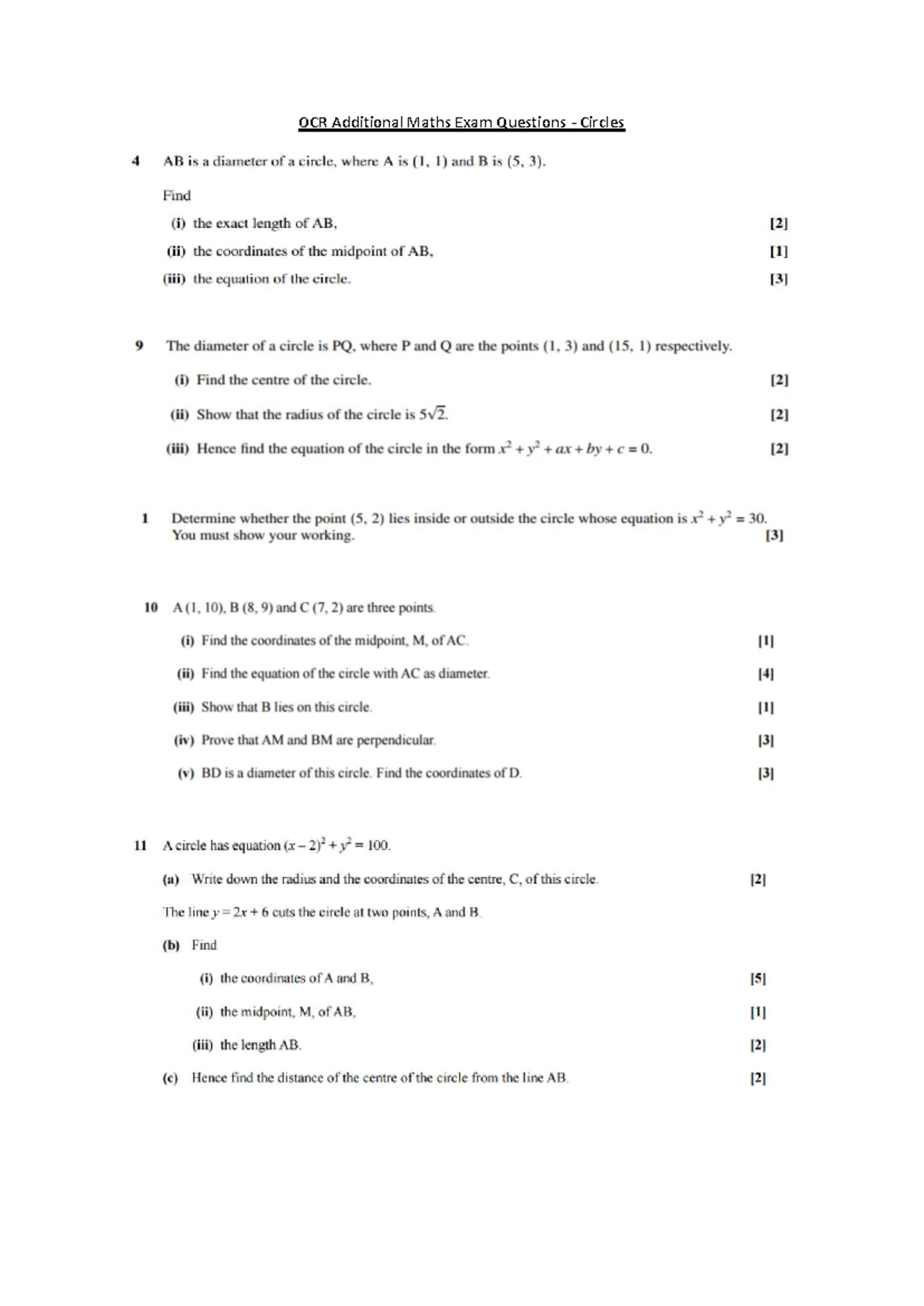 OCR Additional Maths Exam Questions: Circles Analysis - Studocu