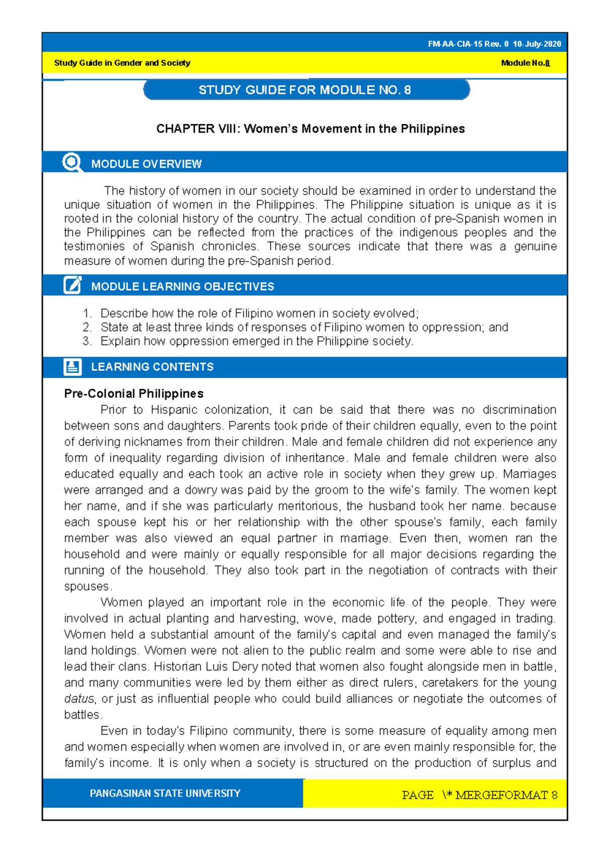 GEE2-Module 8 Study Guide: Women's Movement in the Philippines - Studocu