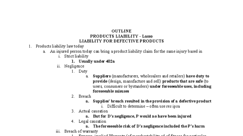 Outline of Products Liability Law (PL) - Lasso - Studocu