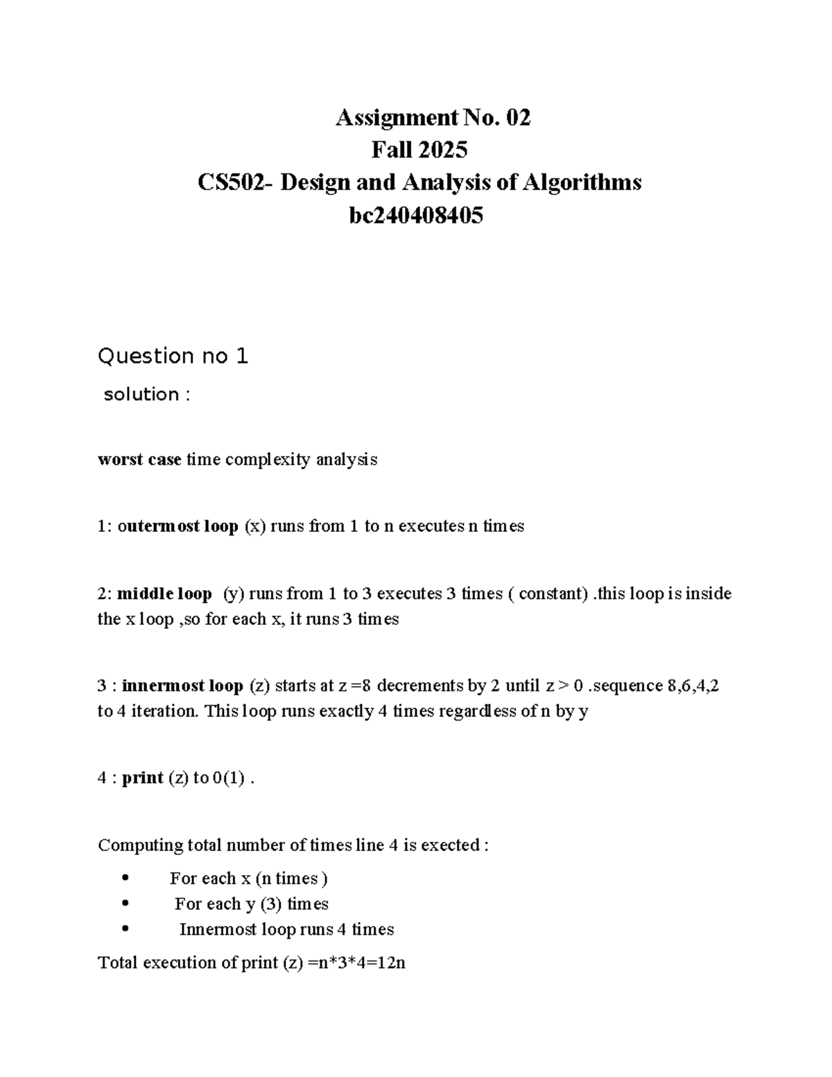 Cs502 Assignment No. 02 - Design & Analysis of Algorithms Solutions - Studocu