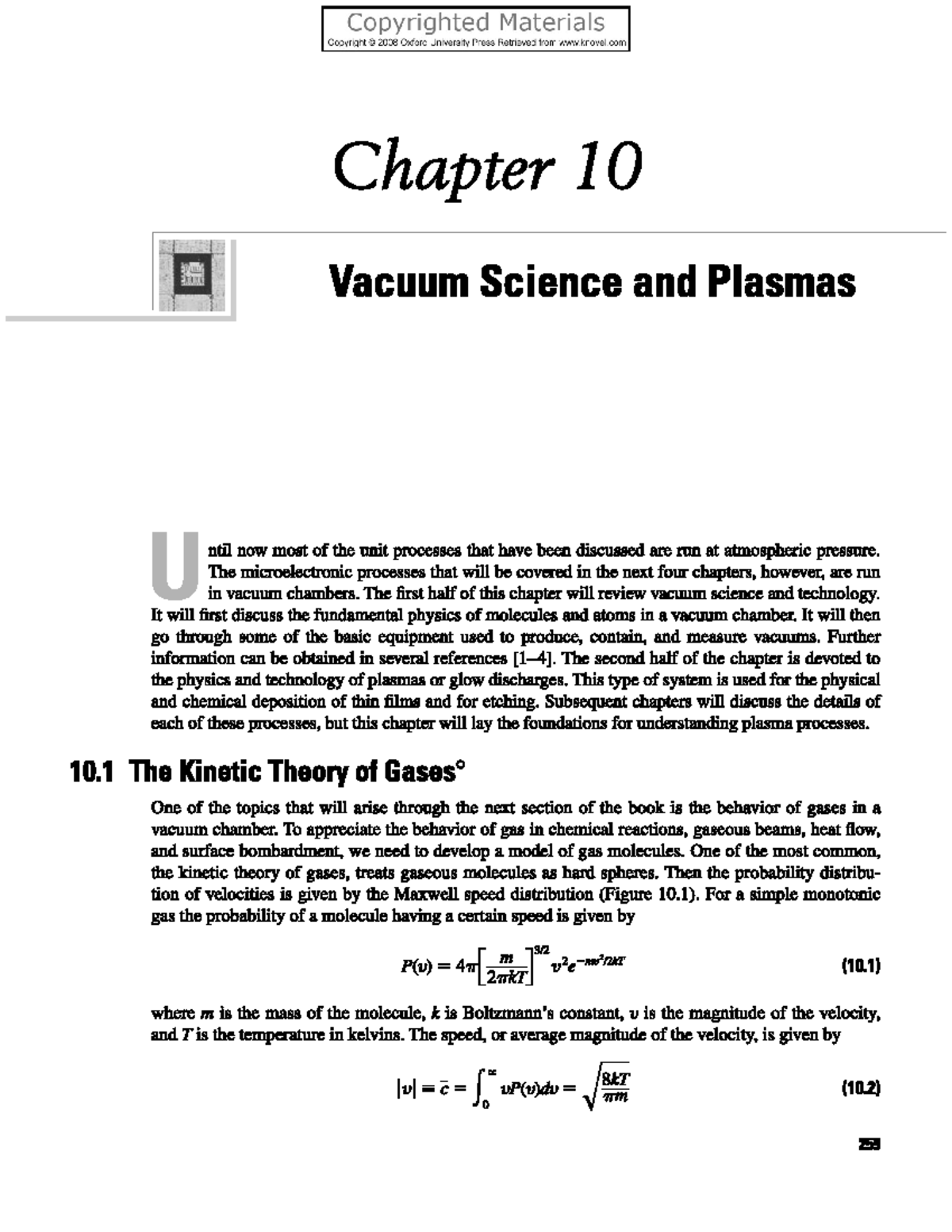 Chapter 10: Vacuum Science and Plasmas (ENGR 200) - Key Concepts and ...