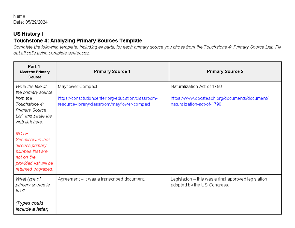US History I Touchstone 4: Analyzing Primary Sources Overview - Studocu