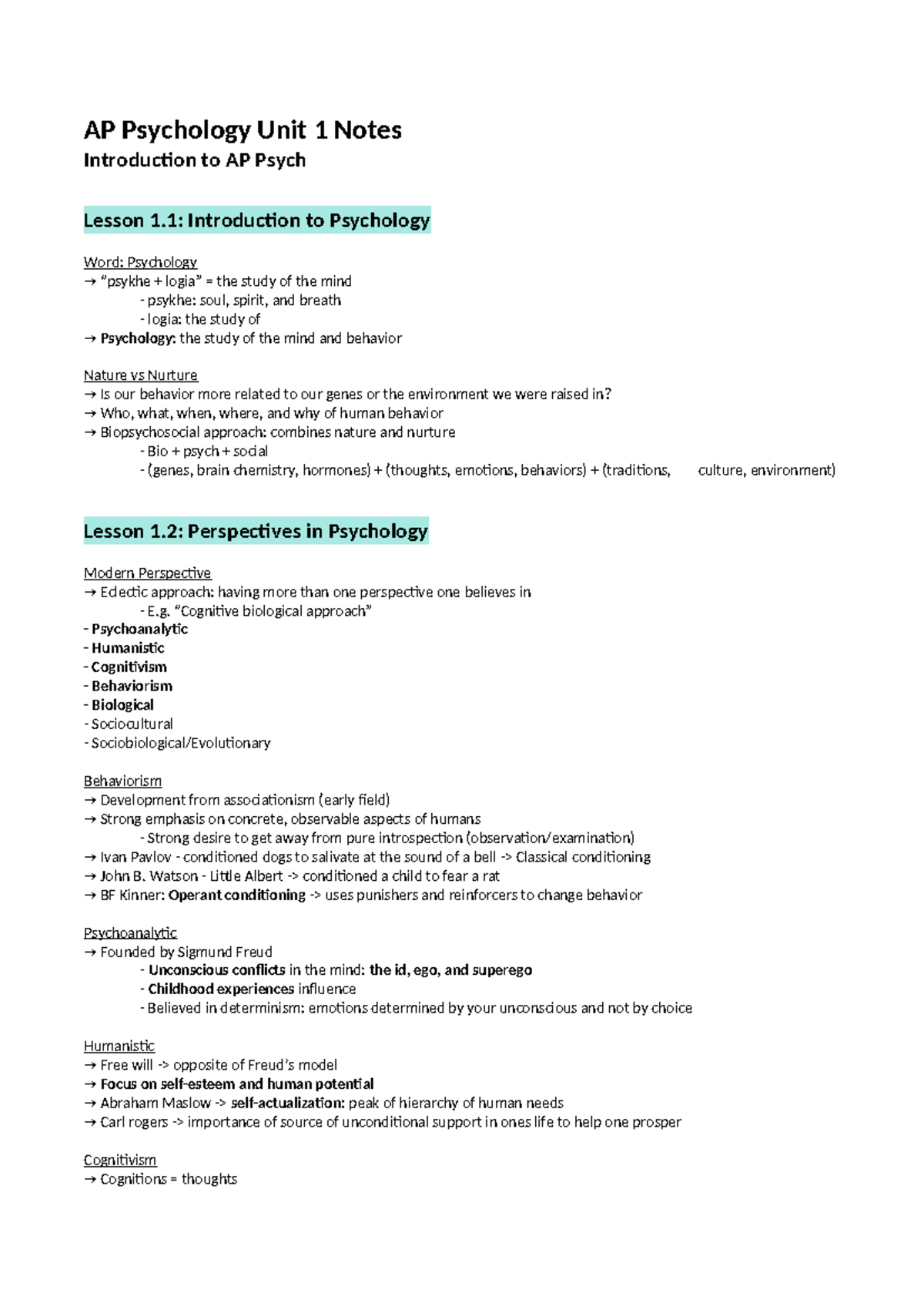 AP Psychology Unit 1: Intro to Psychology & Research Methods Notes ...