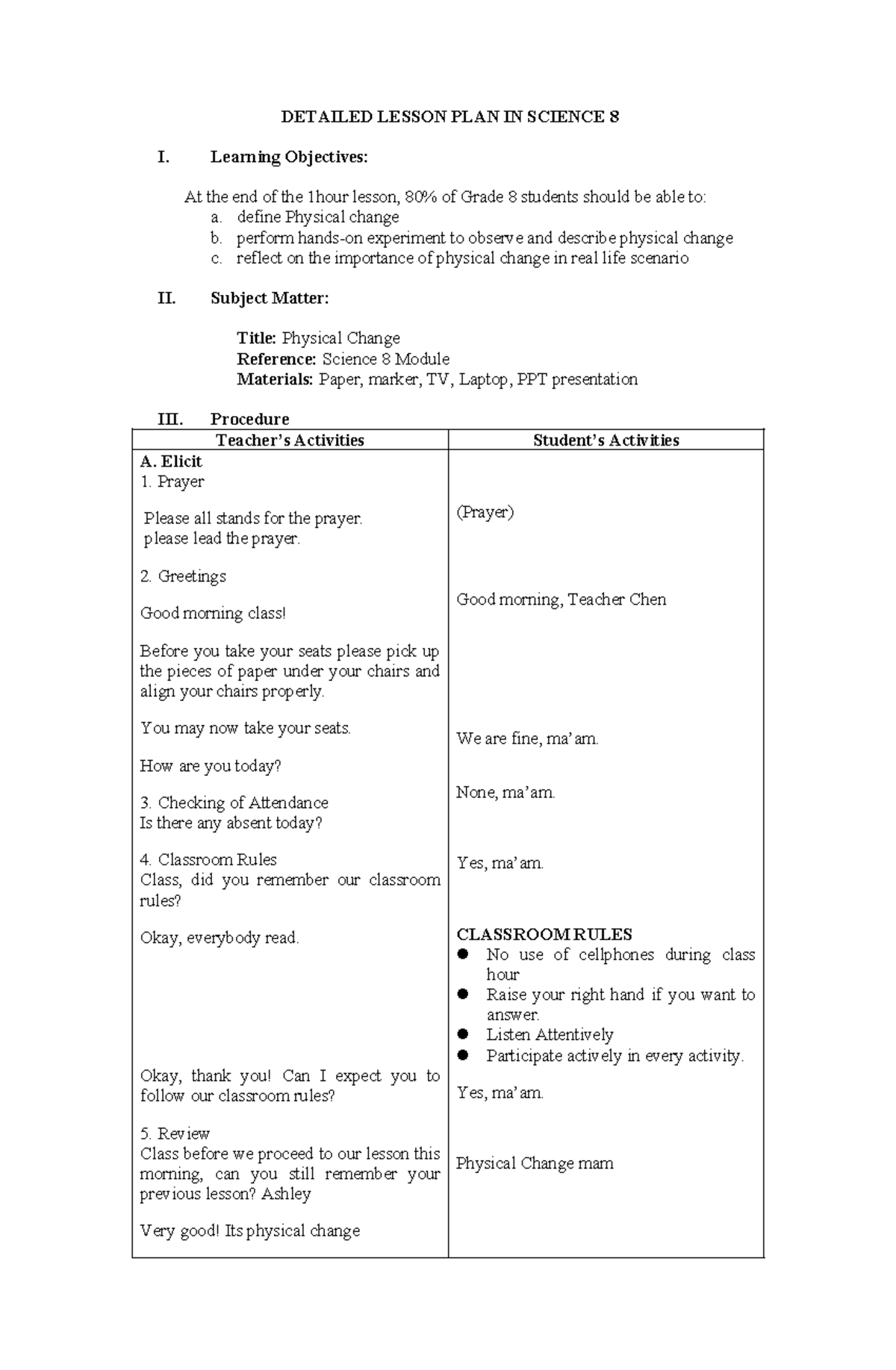Science 8 Lesson Plan Exploring Physical Change In Depth Studocu